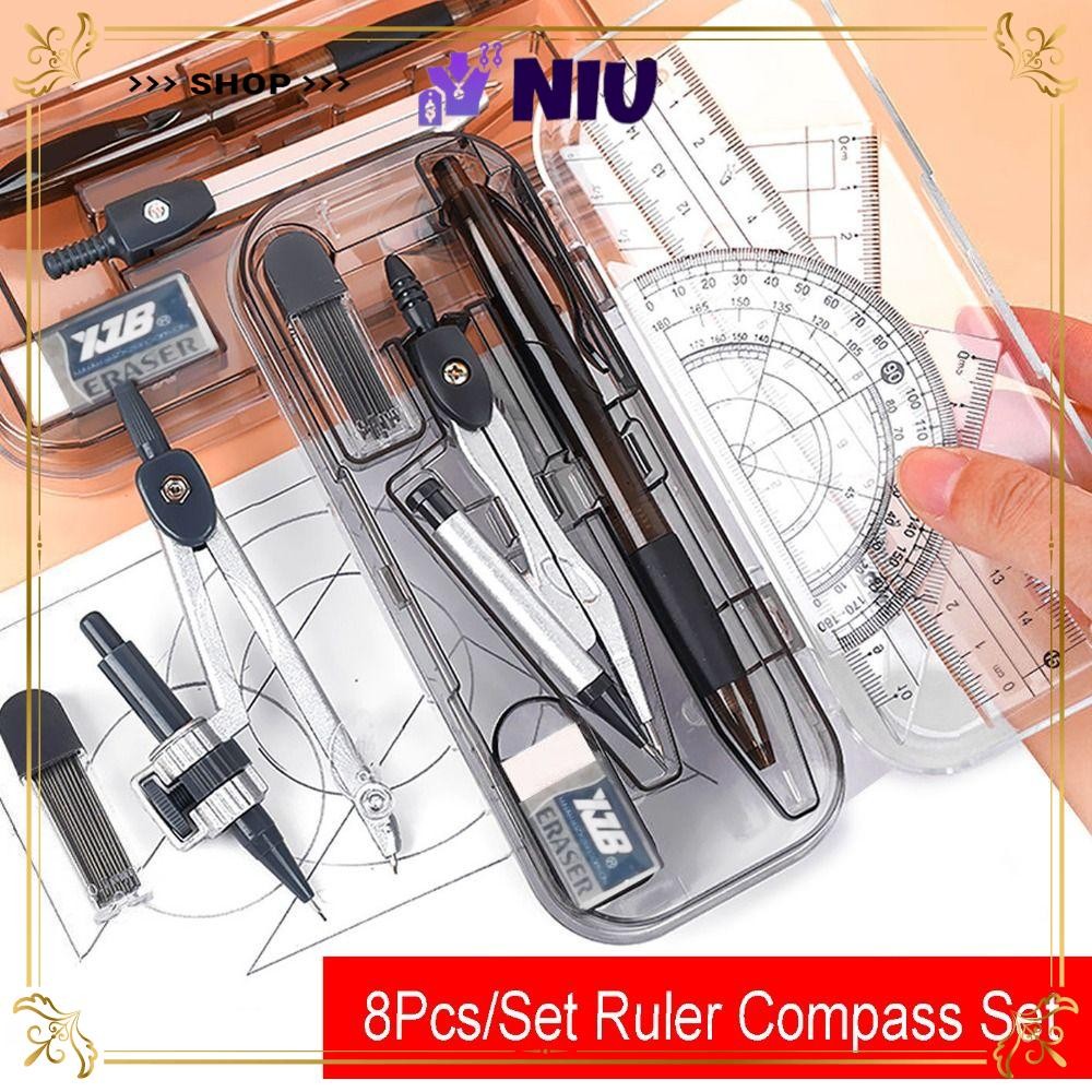 NIU 8Pcs/Set Ruler Compass Set, Sharpener Measuring Ruler Pencil ...