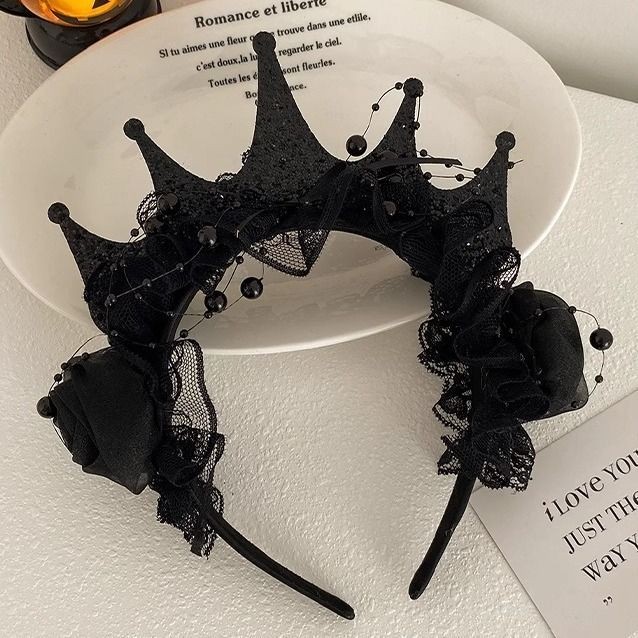 Black rose lace crown headband dark queen cos hallowee Black rose lace ...