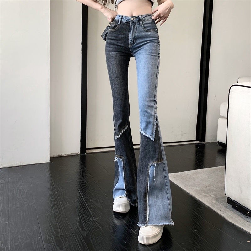 Contrast Color Micro-Flared Jeans Women Hot Girls High Waist Skinny ...