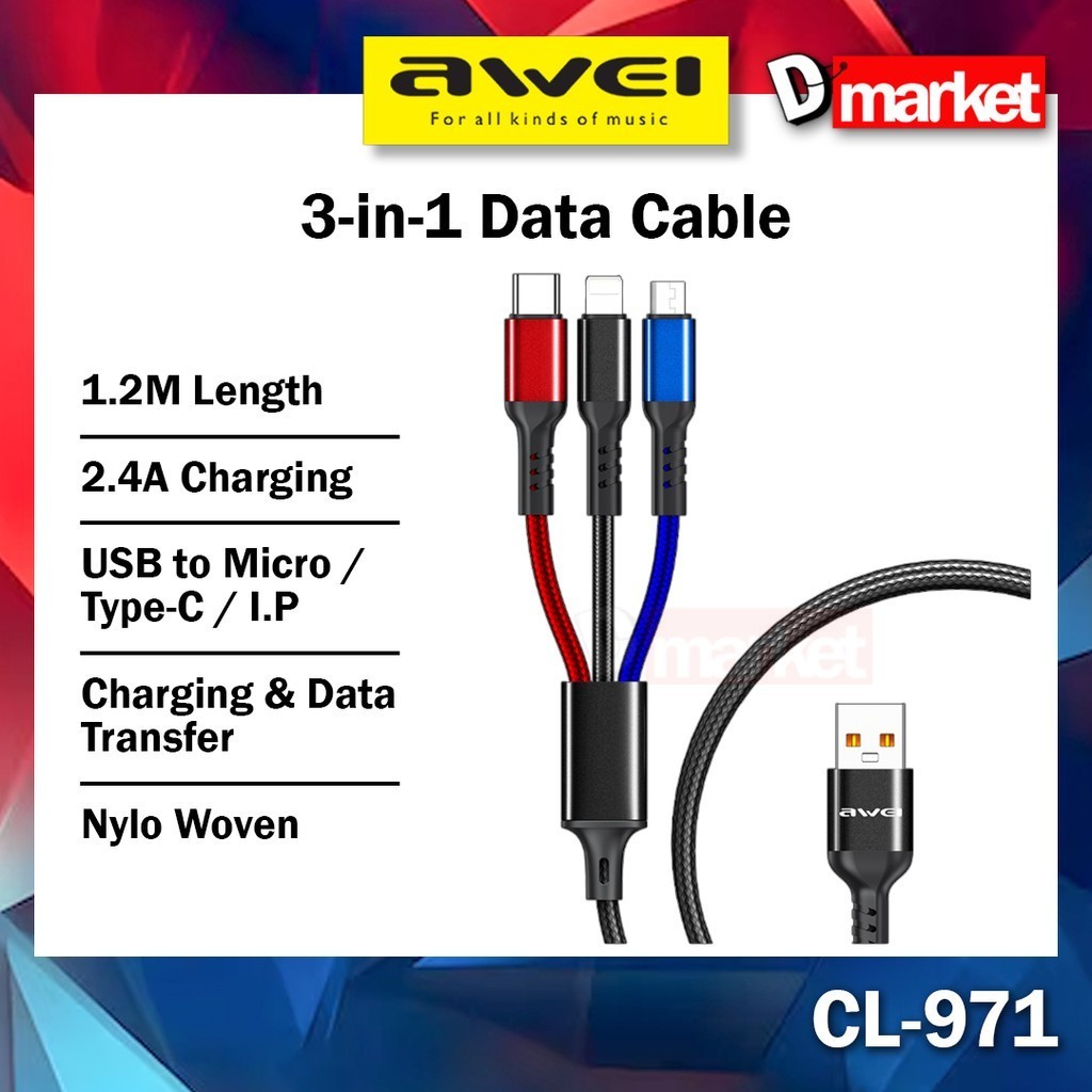 Awei CL-971 3-in-1 Charging Cable 2.4A Data Cable USB Cable Micro Type ...