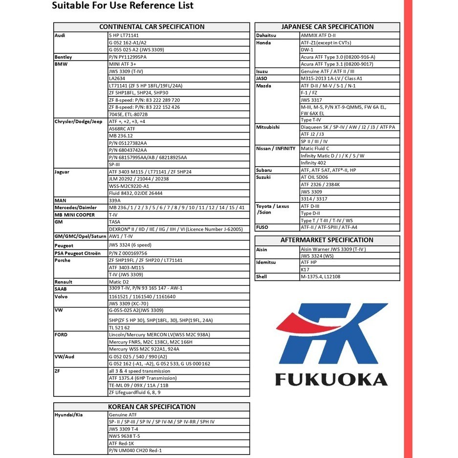 FK Fukuoka ATF Fluid WS 4Liter - UNIVERSAL ATF ( Automatic Transmission ...