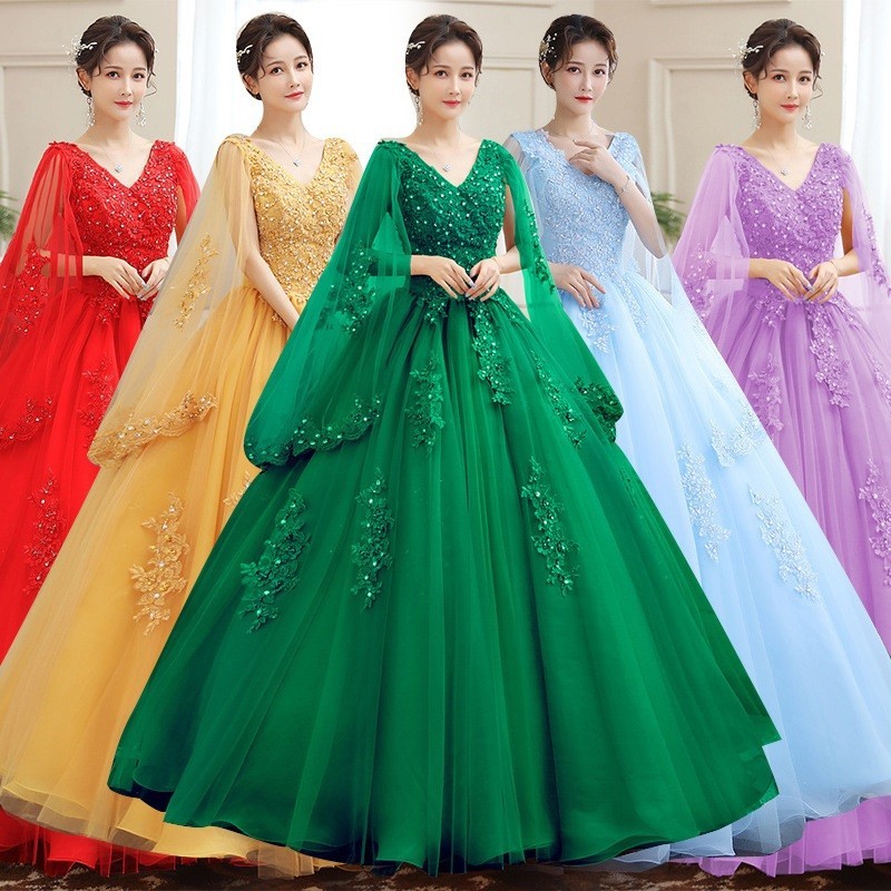 Annual Dinner Banquet Evening Dress Long-sleeved V-neck Lace Embroidery ...