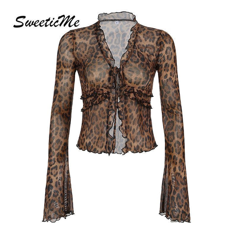 SweeticMe Women's New Fashion Leopard Printed Mesh Sexy See Through ...