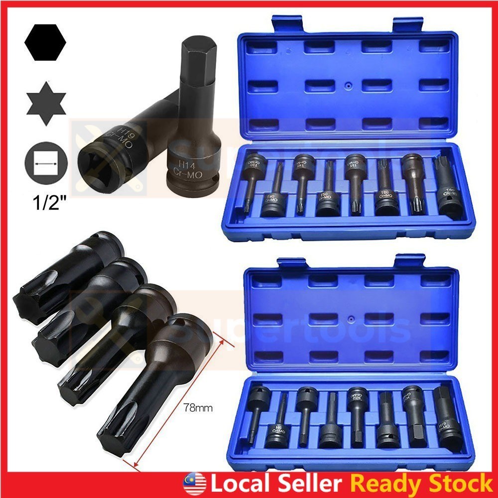 CR-MO 10pcs 8pcs 1/2" Inch Hex Torx Impact Socket Bit Tool Heavy Duty ...