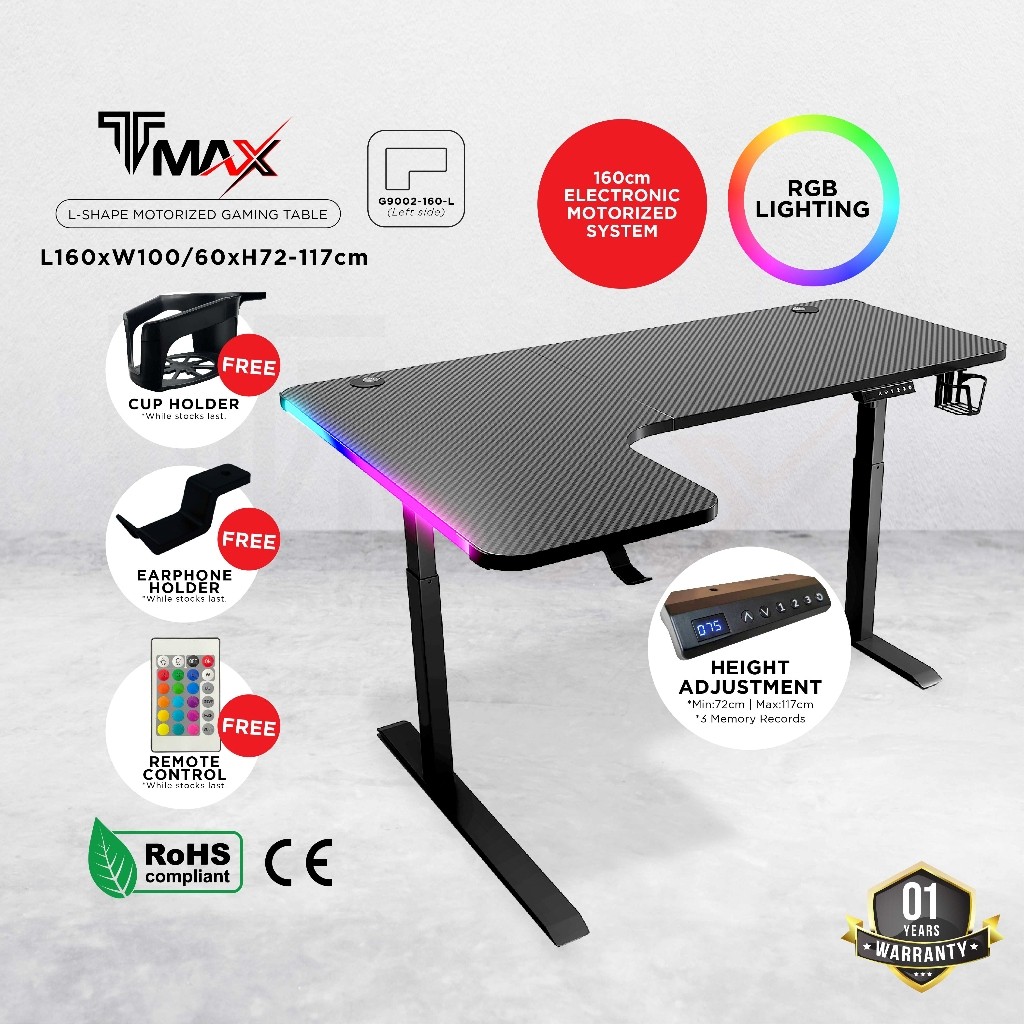 TMAX L-Shape L160cm Smart Lifting Gaming Table Adjustable Height Table With RGB Lighting Modern ...