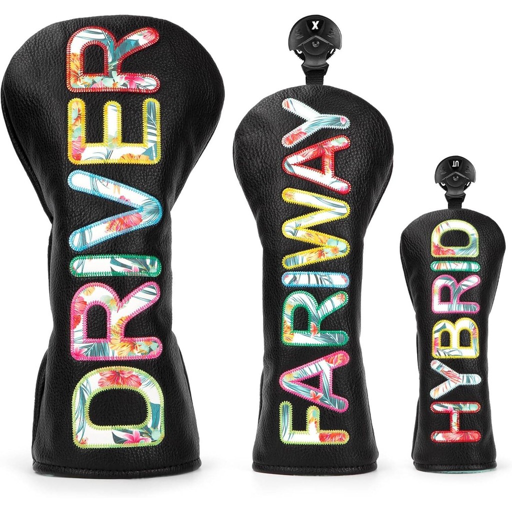 Tropical Style Golf Club Head Covers Black Premium Golf Driver Fairway 3 Wood Hybrid Head Cover ...