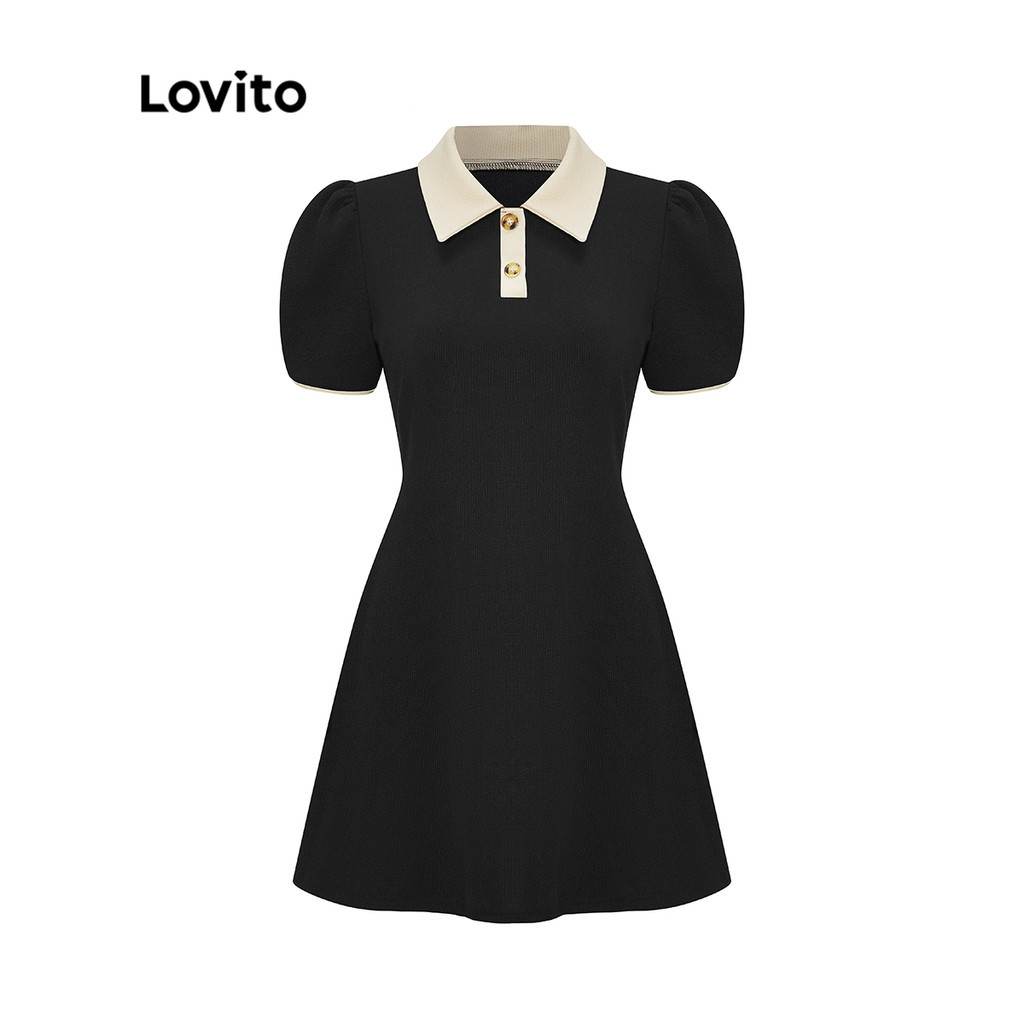 (Trendy) Lovito Casual Dress Plain Contrast Collar Binding Dress for ...