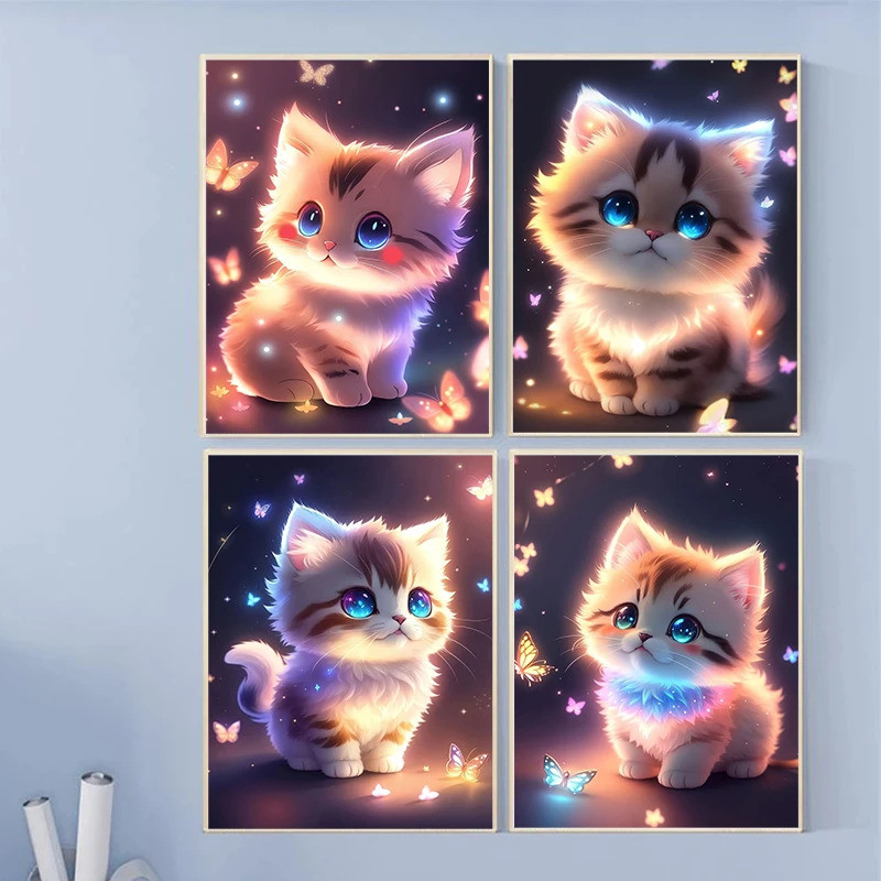 Poster Kanvas Anak Kucing Bercahaya Cantik Gambar Seni Dinding Kucing ...