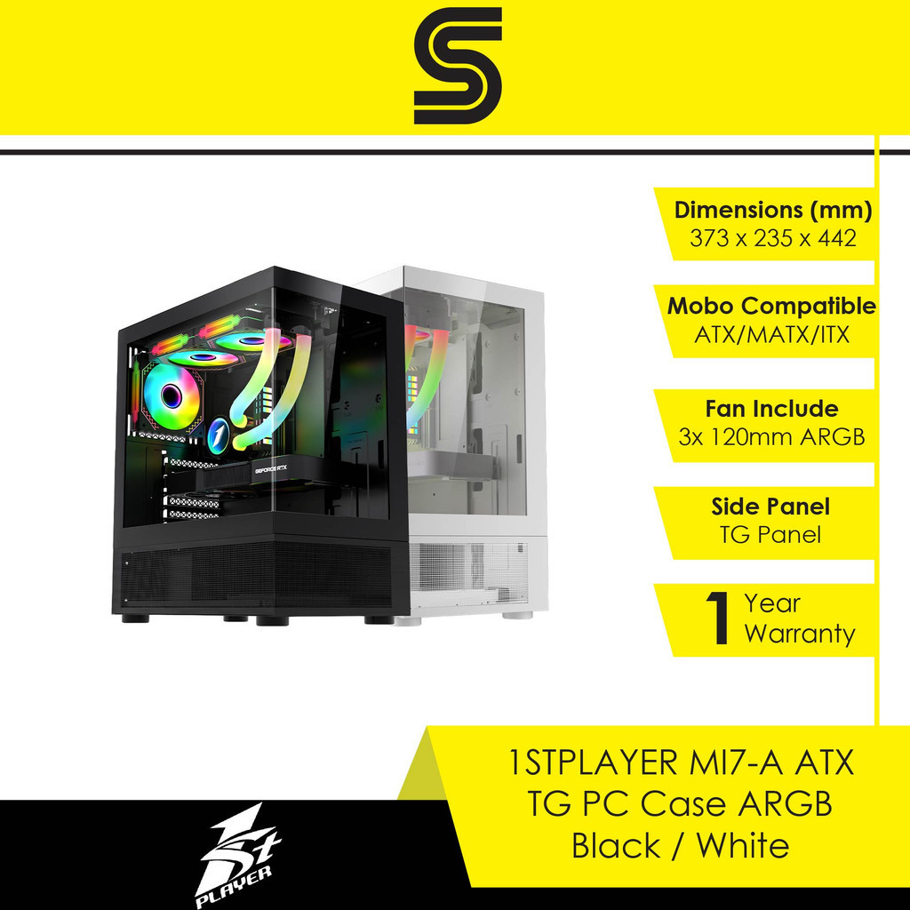1STPLAYER MI7-A ATX TG 3x 120mm ARGB Fans PC Case - Black | White ...