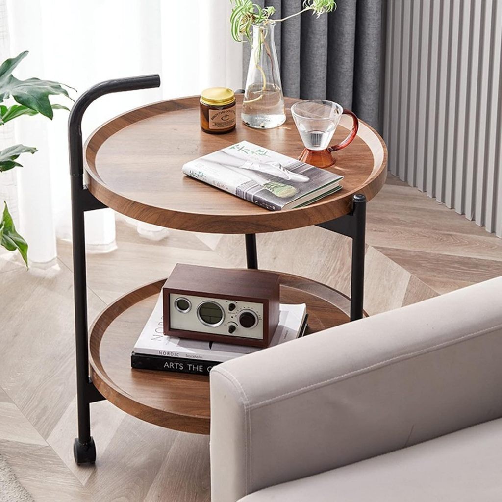 Ready Stock Corner Table Movable Tea Table with Wheels Walnut Sofa Side ...