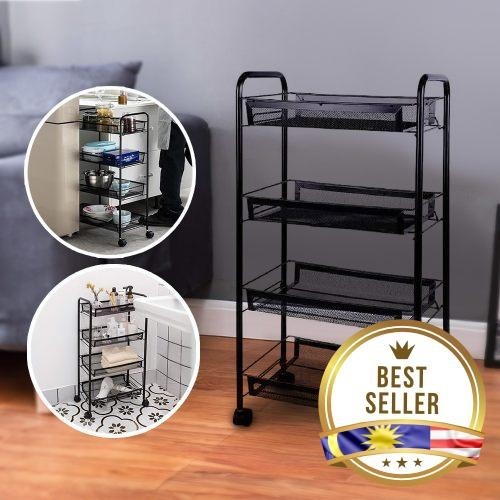 4 Tiers Multipurpose Storage Metal Basket Trolley Cart Kitchen Rack ...