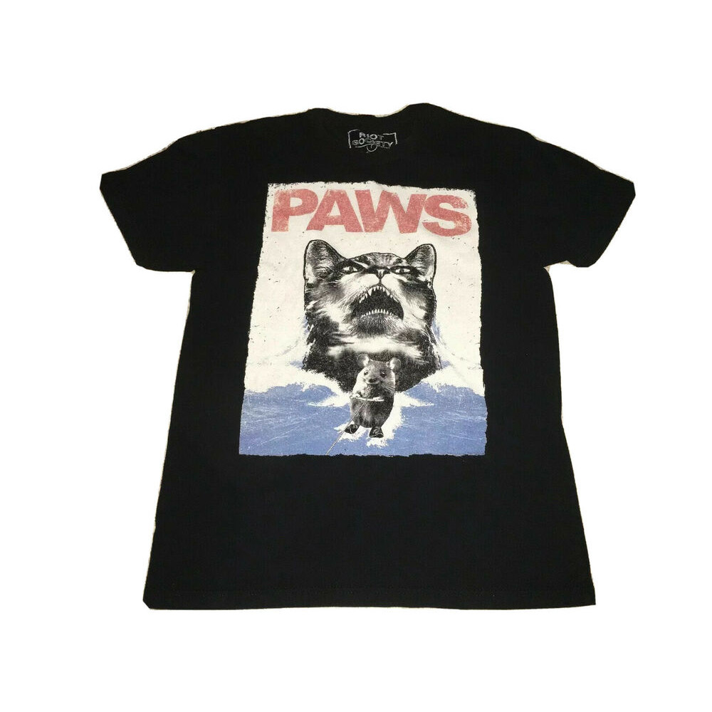 VTG 80s 90s PAWS Med T-Shirt RIOT SOCIETY Jaws Movie Homage Cat Lovers ...