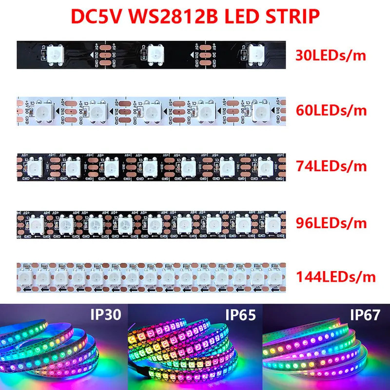 5V WS2812 WS2812B RGB Led Strip 30/60/74/96/144 Leds/m Black White PCB ...
