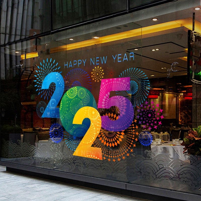 2025 New Year Decoration Scene Fireworks Window Stickers Window Static ...