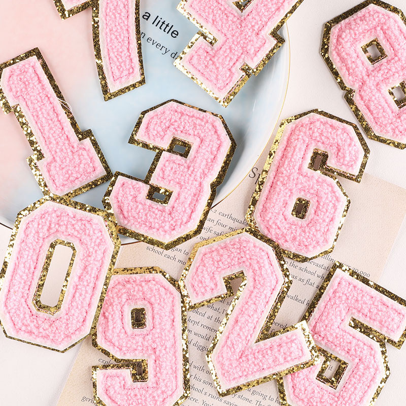 Varsity Style Iron On Number Patch Pink Chenille with Glitter Border ...
