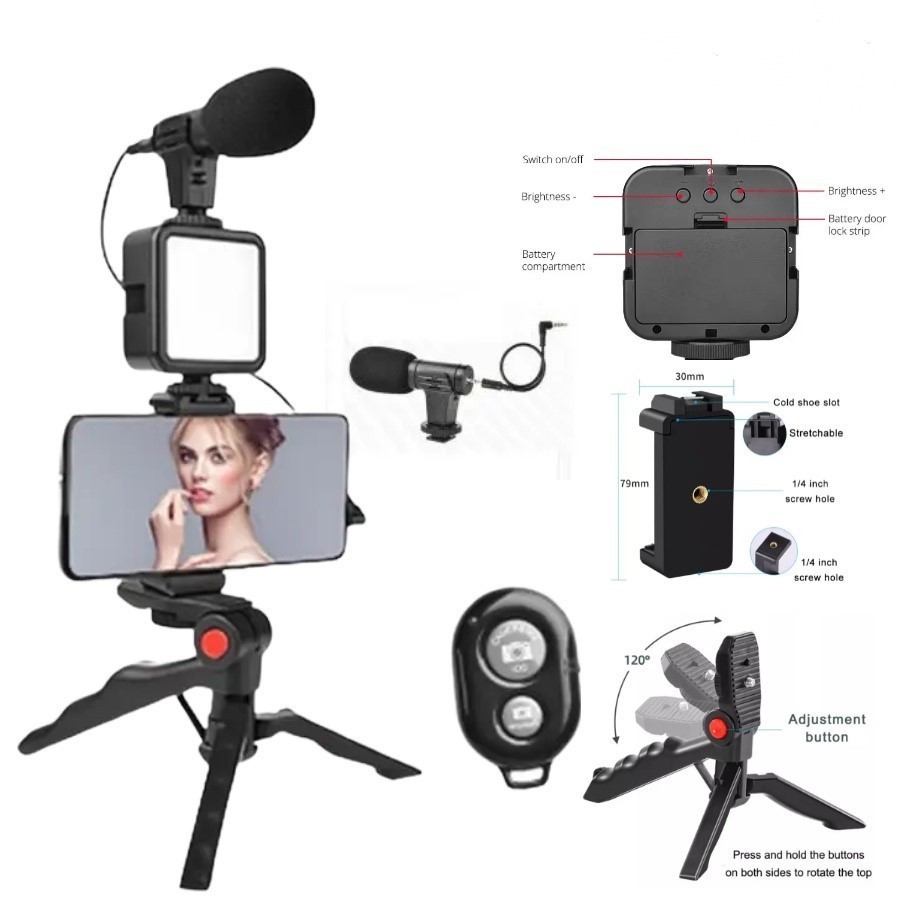 AY49 Video Making Kit Making Vlog Tripod Kit with Microphone LED Light for Studio Live Streaming ...