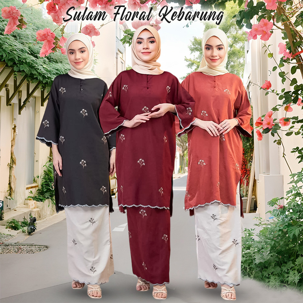 Floral Sulam Baju Kebaya Hitam/Red Gaya Baru Muslim Set Baju Kurung ...