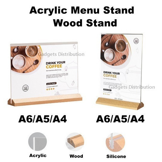 A6 A5 A4 Acrylic Display Table Desk Wood Wooden Base Photo Menu Stand ...