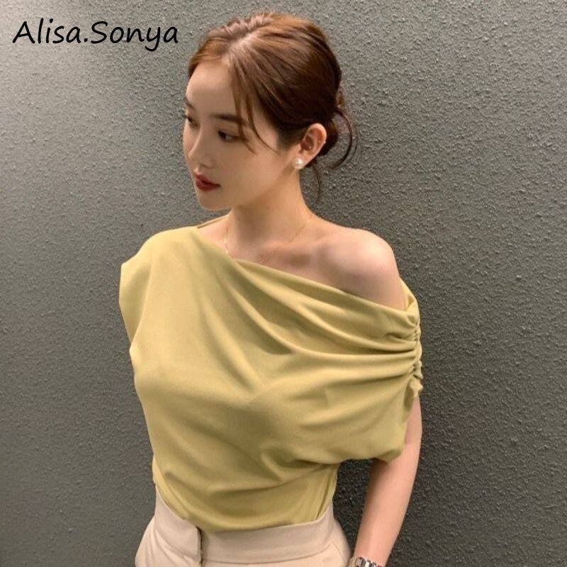 Alisa.Sonya blouse Women's Solid color Off The Shoulder short Sleeve ...