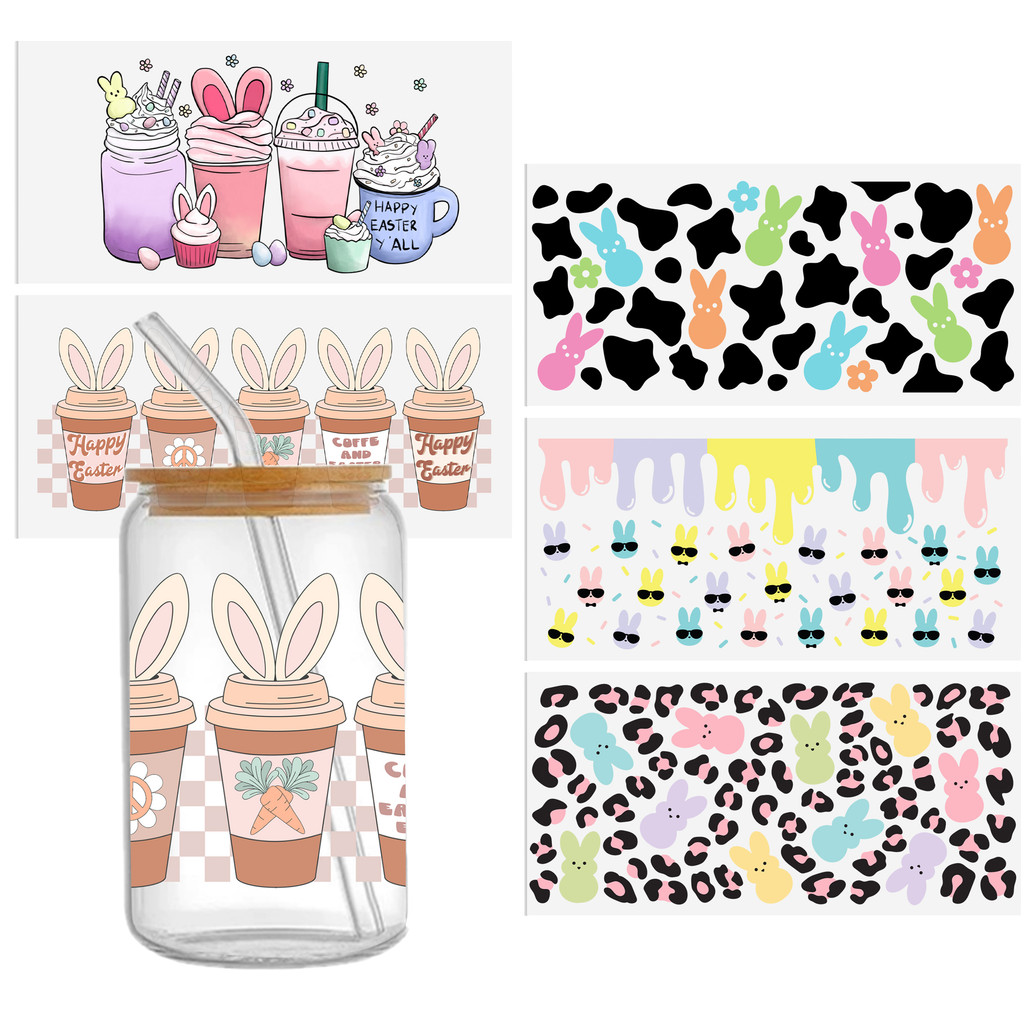 Easter Bunny 16oz DTF Sticker Cups Cool UV Wrap Transfer Sticker Labels ...