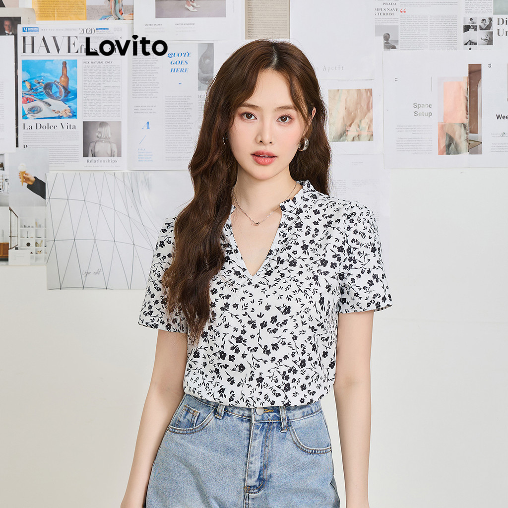Lovito Casual Ditsy Floral Pattern Lettuce Trim Blouse for Women ...