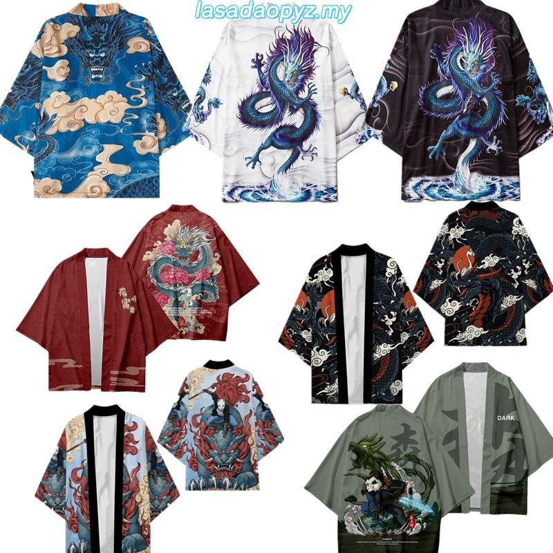 Traditional Samurai Kimono Men Japanese Anime Dragon Print Cosplay ...