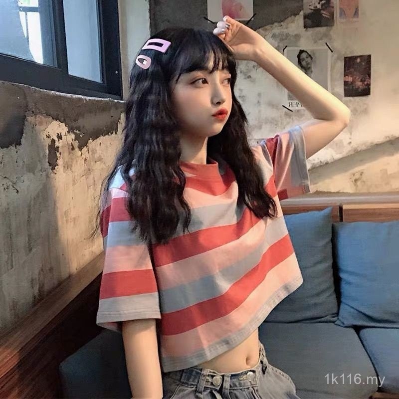T Shirt Jenis Pendek Lengan Pendek Wanita Musim Panas Berjalur Gaya Kuliah Baru Pelajar Longgar