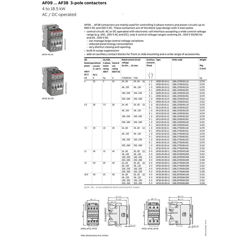 ABB 3-ploe contactors AF series AC/DC 1NC or 1NO 50HZ/60HZ 100V~250V DC 100V-250V 9A 4kw AF09-30 ...