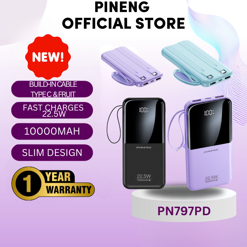 NEW PINENG PN797 10,000mAh Powerbank 22.5W Fast Charges Built-In Cable ...