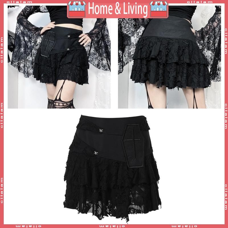ci Women Gothic Waist Distressed Hole Tiered Ruffle Short Skirt ...