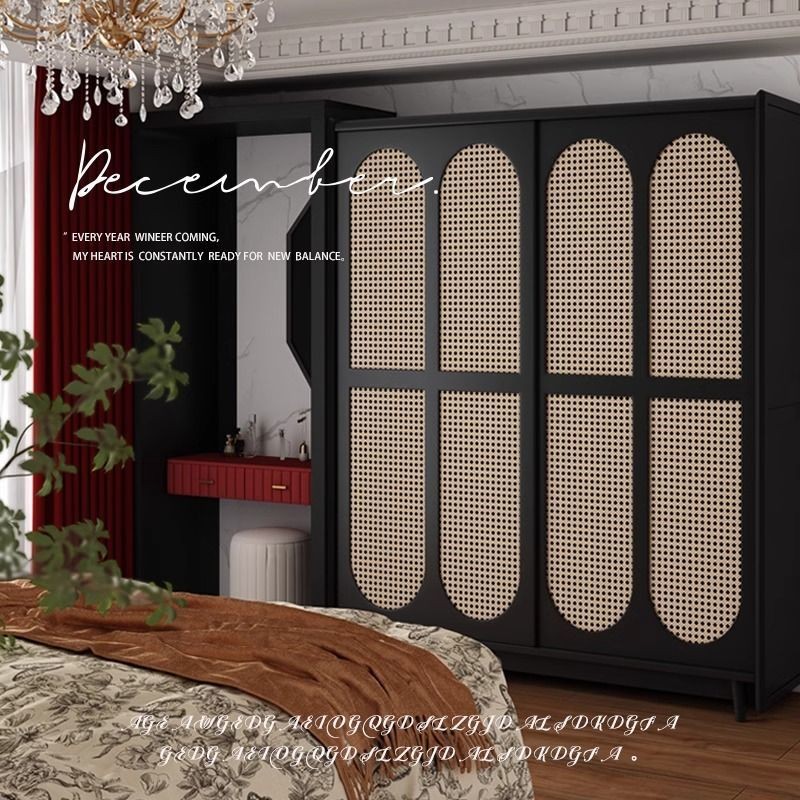 Retro Rattan Wardrobe Bedroom and Household Sliding Door Wardrobe Solid ...
