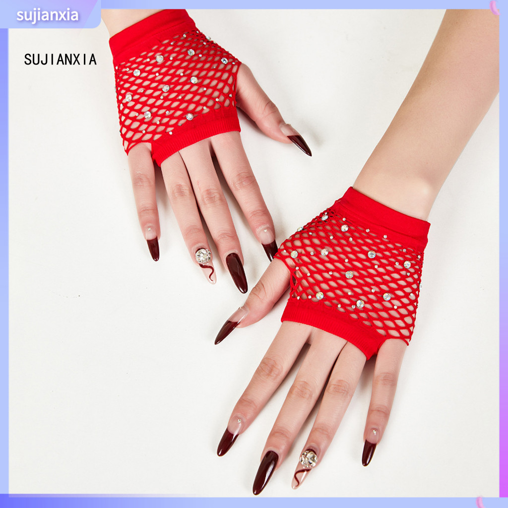 sujianxia| Fingerless Mesh Gloves Hollow Mesh Gloves Sexy Rhinestone ...