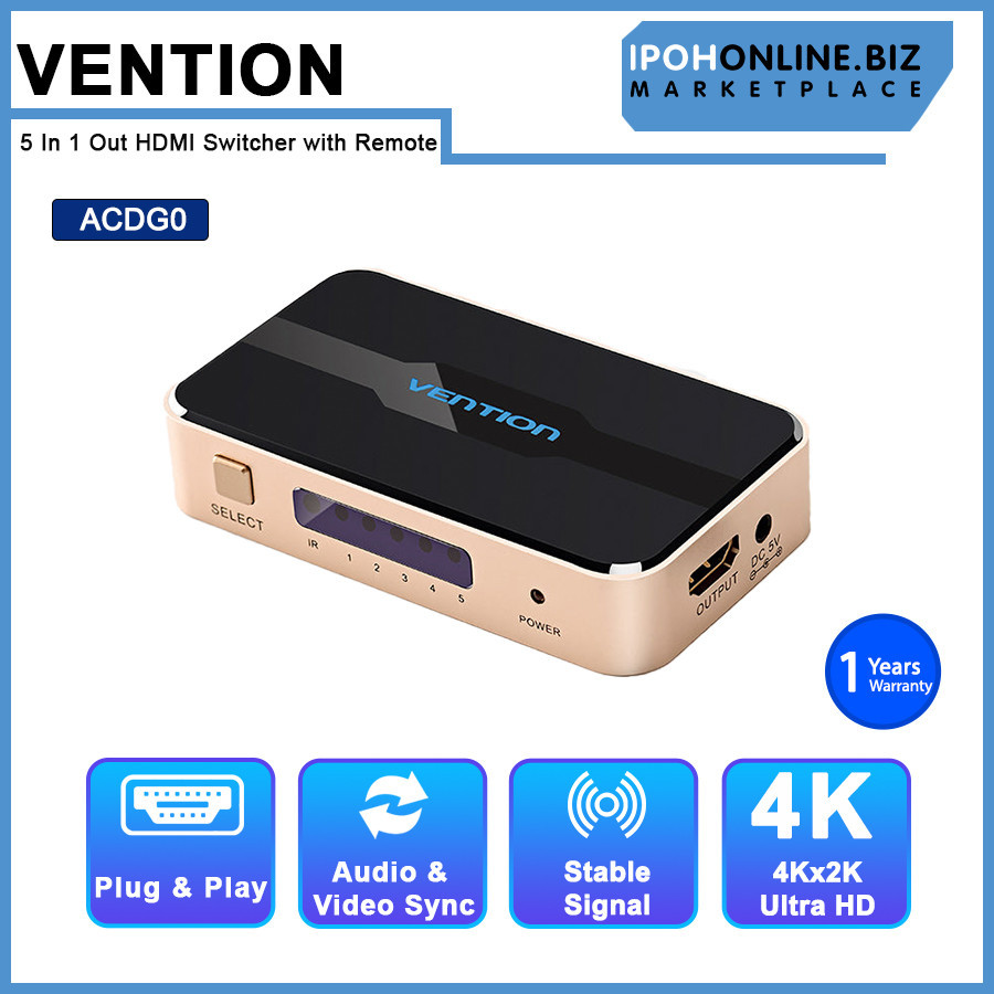 VENTION HDMI Switch 5 In 1 Out HDMI Switcher 4K 2K 1080P 5 Ports HDMI ...