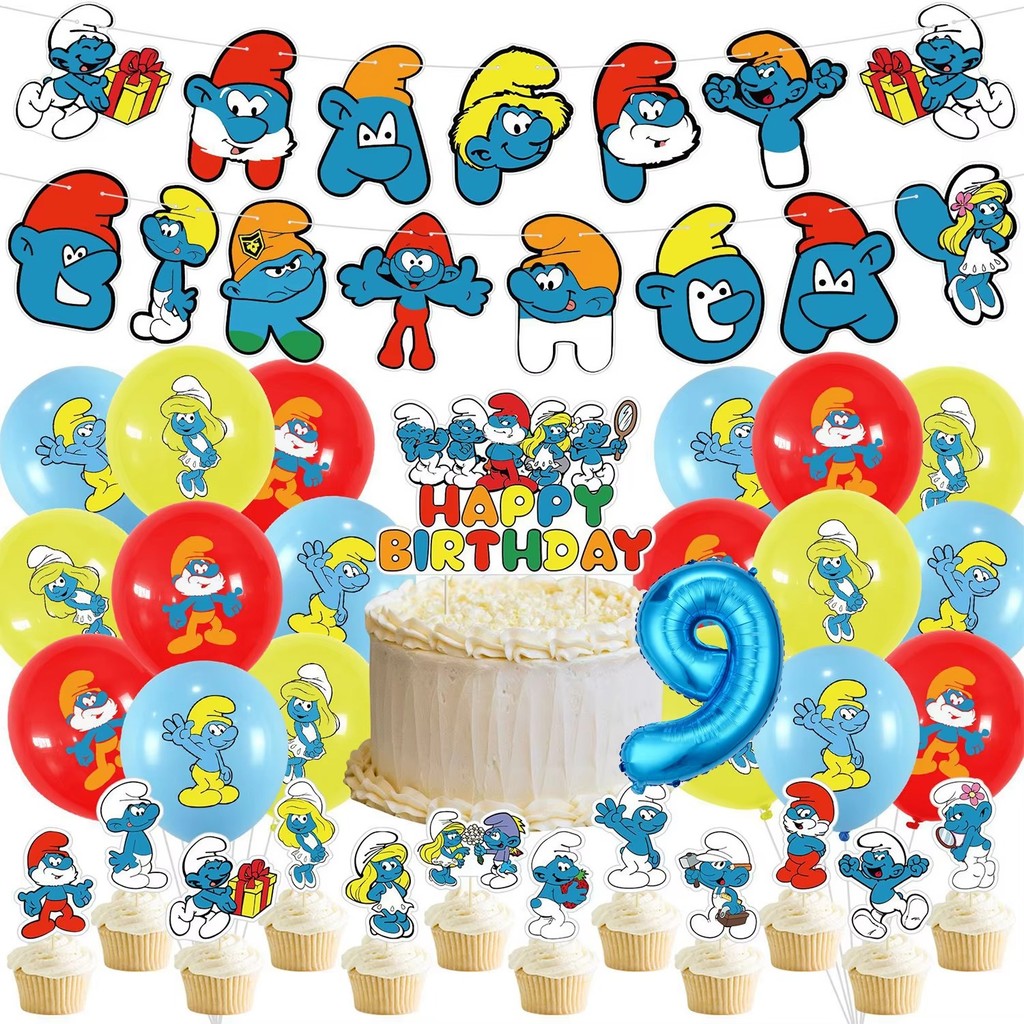 The Smurfs themed cartoon birthday party flag raising cake decoration ...