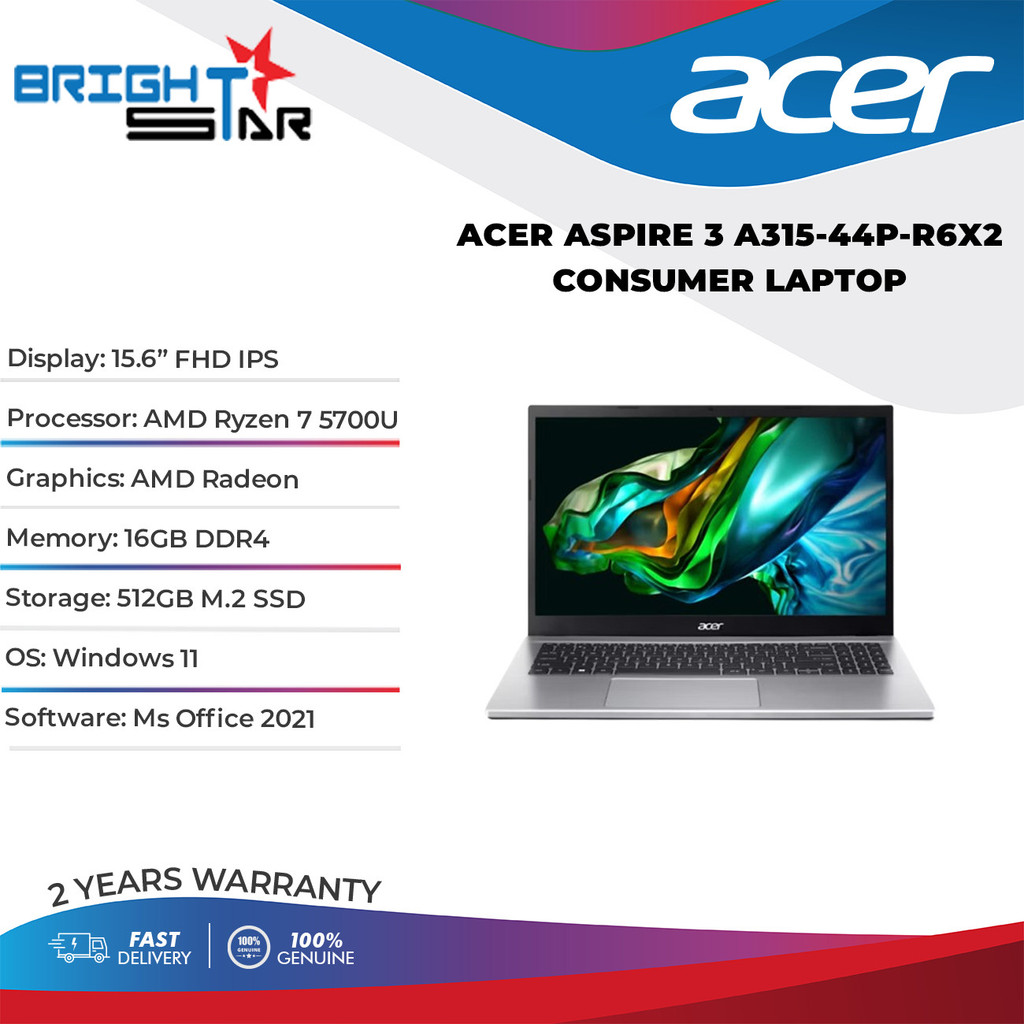ACER Aspire 3 A315-44P-R6X2 Laptop - 15.6" FHD IPS/R7-5700U/16GB DDR4/512GB SSD/AMD Radeon/Win ...
