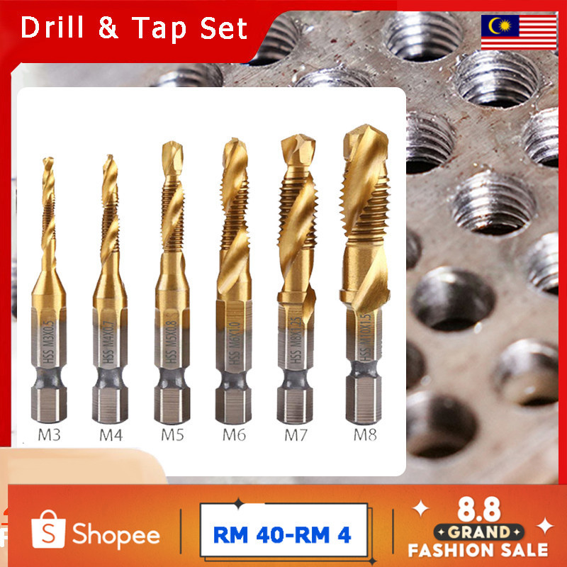6Pcs Drilling HSS Thread Tap Set Titanium-Coated Twist Drill Bit Set ...