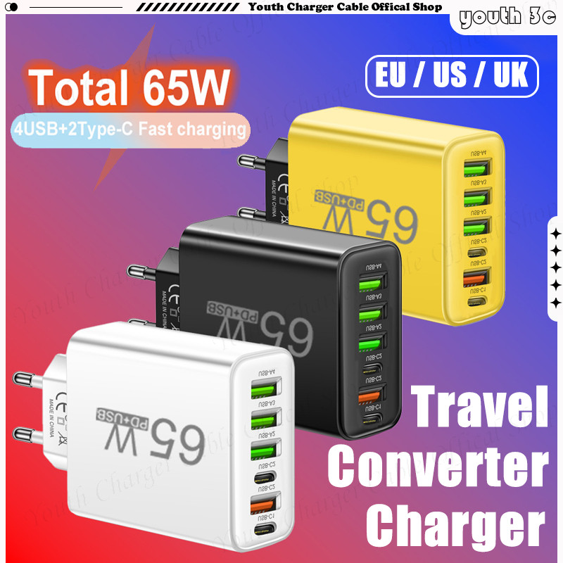 65W Fast Charging Travel Conversion charger USB C 6 Ports For EU/US/UK ...