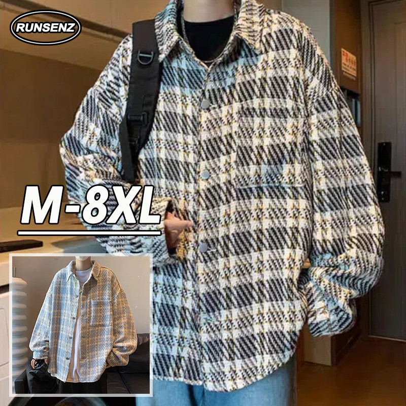 M-8XL Korean Style Plaid Jacket Men High-end Loose Casual Long Sleeve Plus Size Coat | Shopee ...