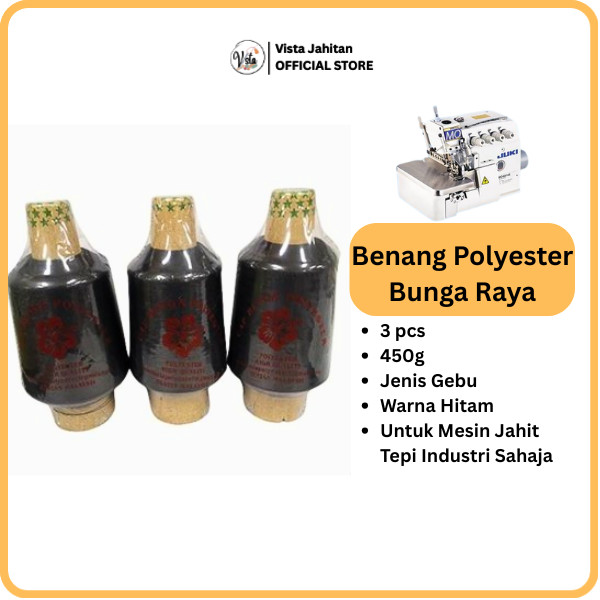 (3 unit)benang jahit tepi hitam bunga raya 450g/benang jahit tepi hitam ...
