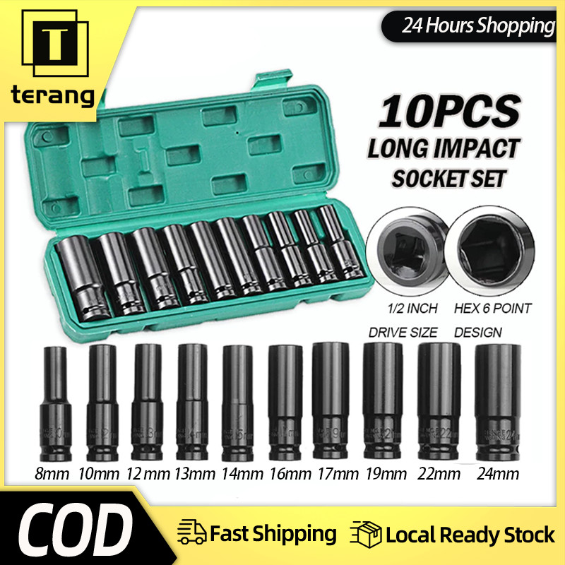 10PCS 1/2" Long Impact Socket Set 8-24mm Deep Black Automotive Tool Kit ...