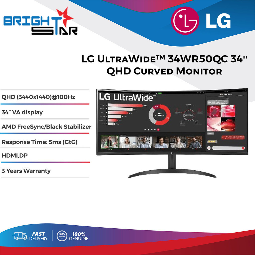 LG 34WR50QC 34'' 21:9 Curved UltraWide™ QHD (3440x1440) Monitor with ...