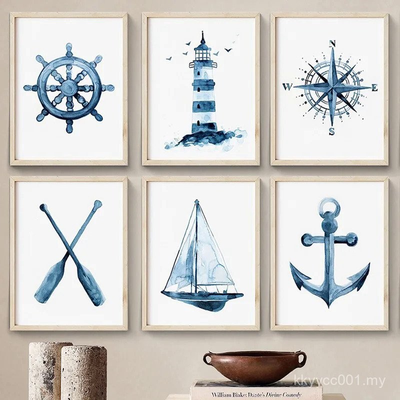 Blue Watercolor Coastal Nautical Posters mencetak Rudder Compass Anchor ...