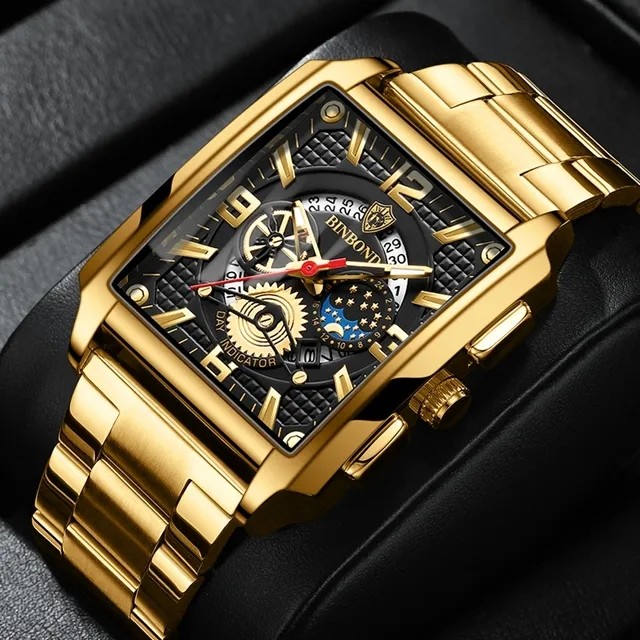 Men Watch Stainless Steel Big Square Watches for Men Fashion Gold Wrist ...