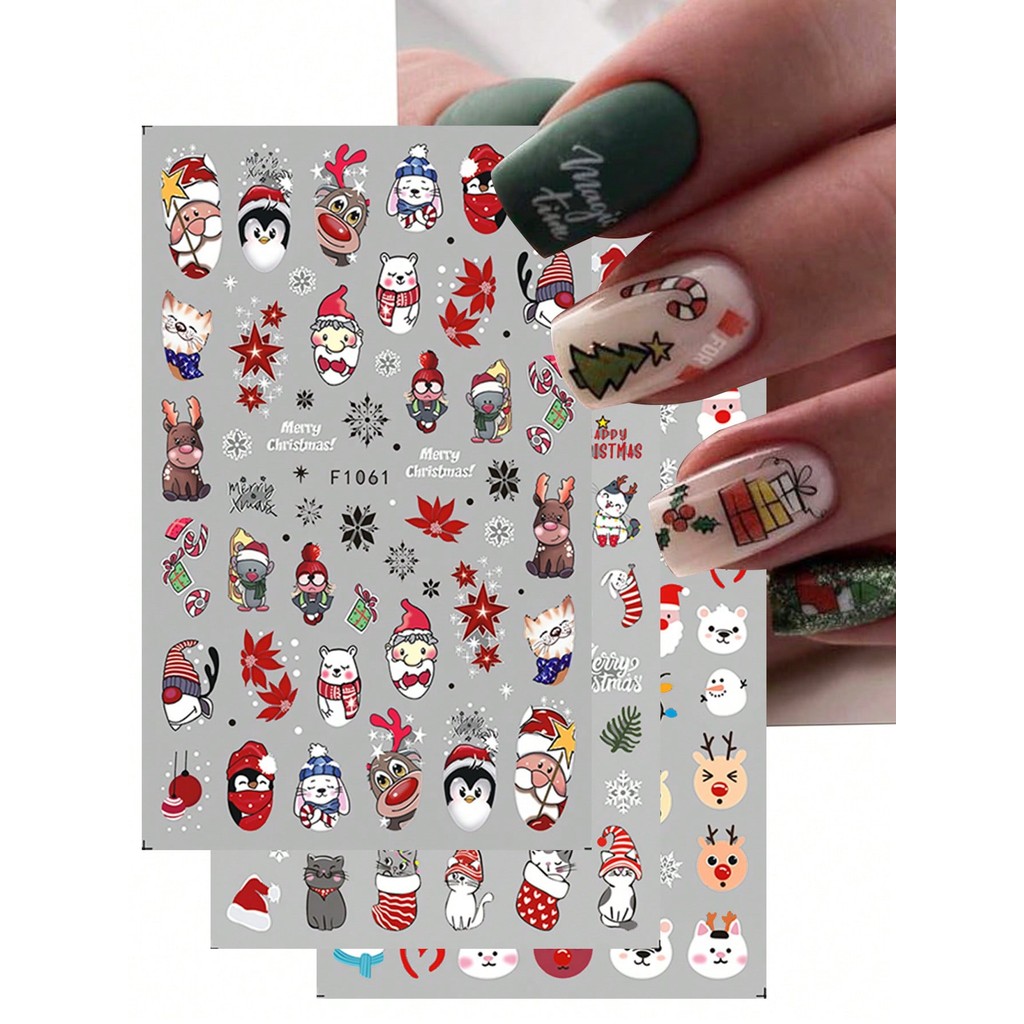 Cute Cartoon Red Christmas Stickers Nail Decals Red Cat Bear Deer ...