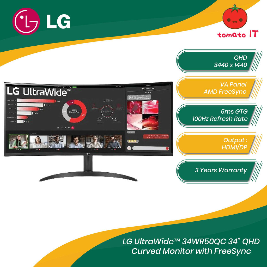 LG 34WR50QC 34'' 21:9 Curved UltraWide™ QHD (3440x1440) Monitor with ...