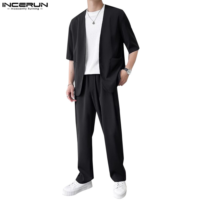 INCERUN Men Korean Solid Color Collarless Short Sleeve Casual Two-Piece ...