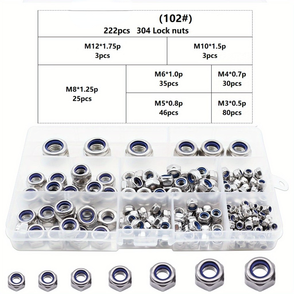 [3333] 222pcs Metric Hex Nut and Locking Nut Combination Kit M3 M4 M5 M6 M8 M10 M12 304 ...