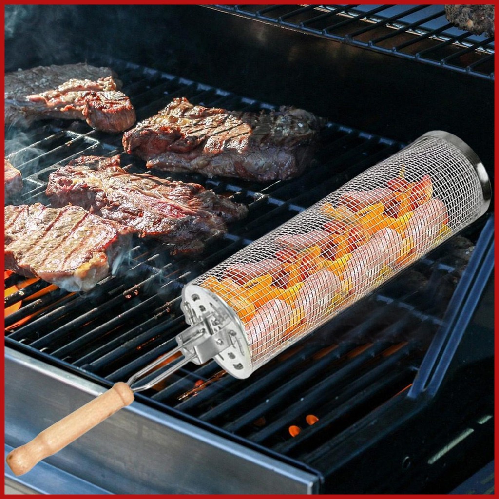 BBQ Rolling Grill Basket BBQ Rolling Baskets Net Cage Stainless Steel ...