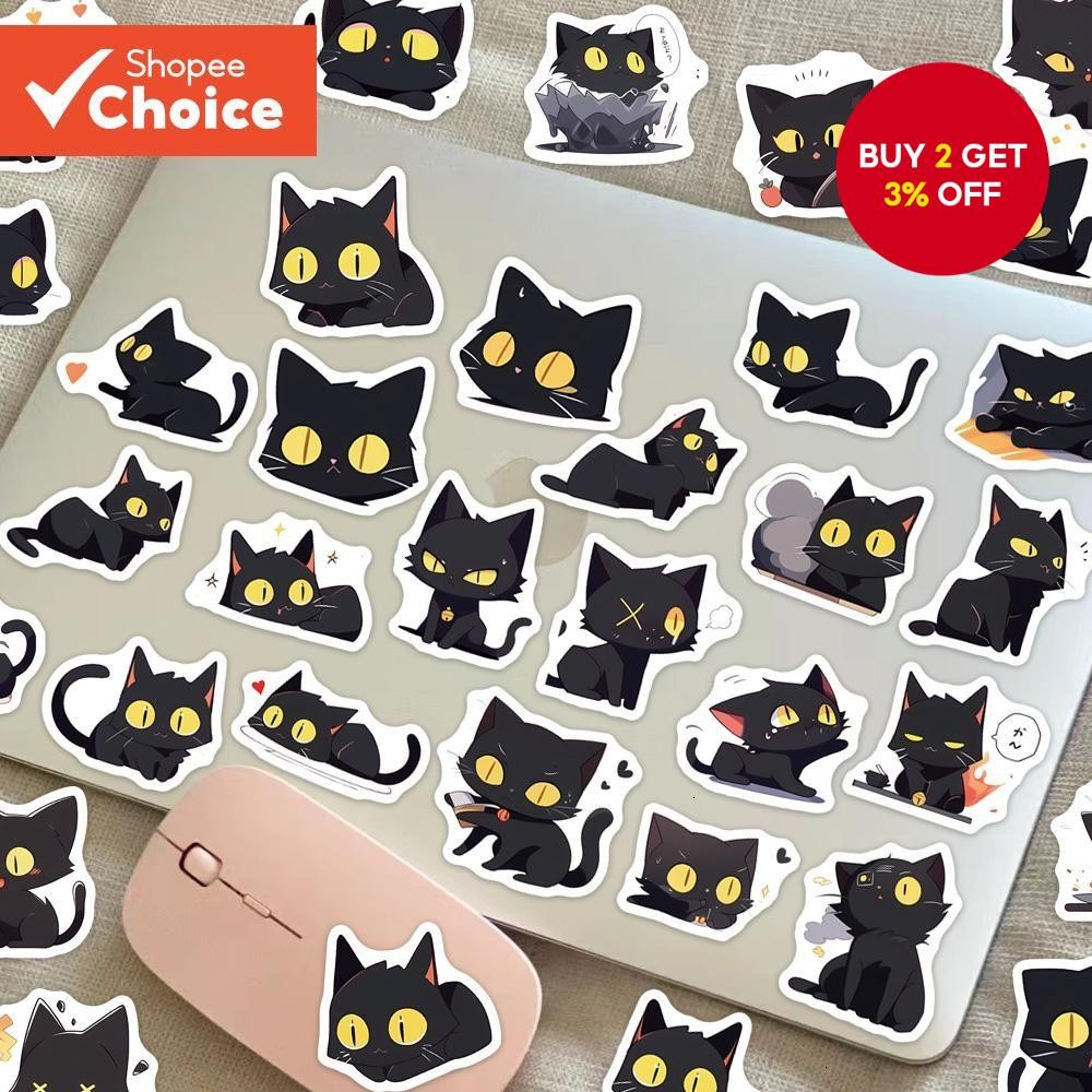 100pcs Cute Black Cat sticker small animals fun healing hand account ...