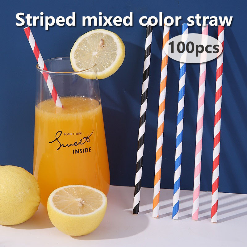 100pcs Colorful Striped Paper Straws Disposable Biodegradable Striped ...